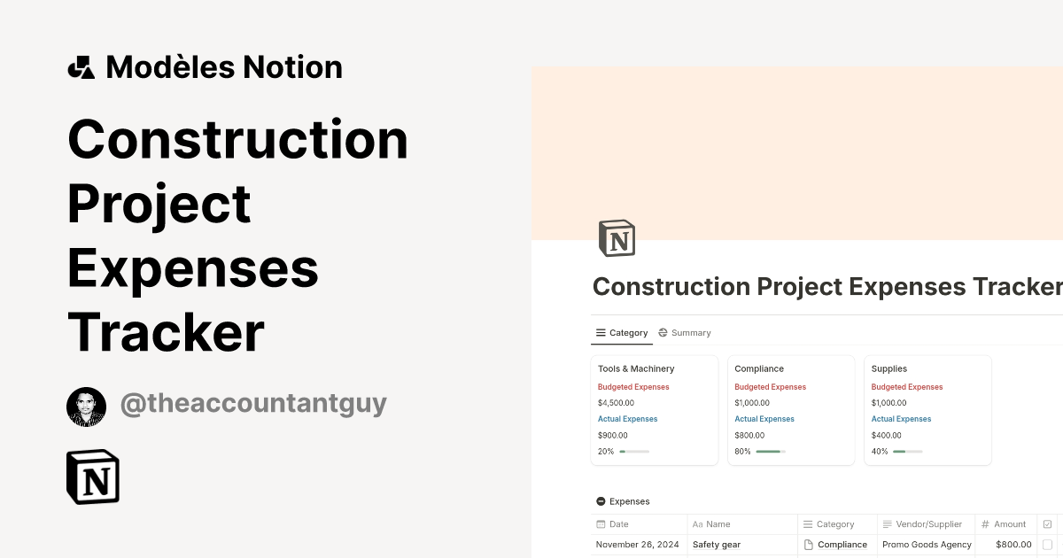 Modèle Construction Project Expenses Tracker | Marketplace Notion