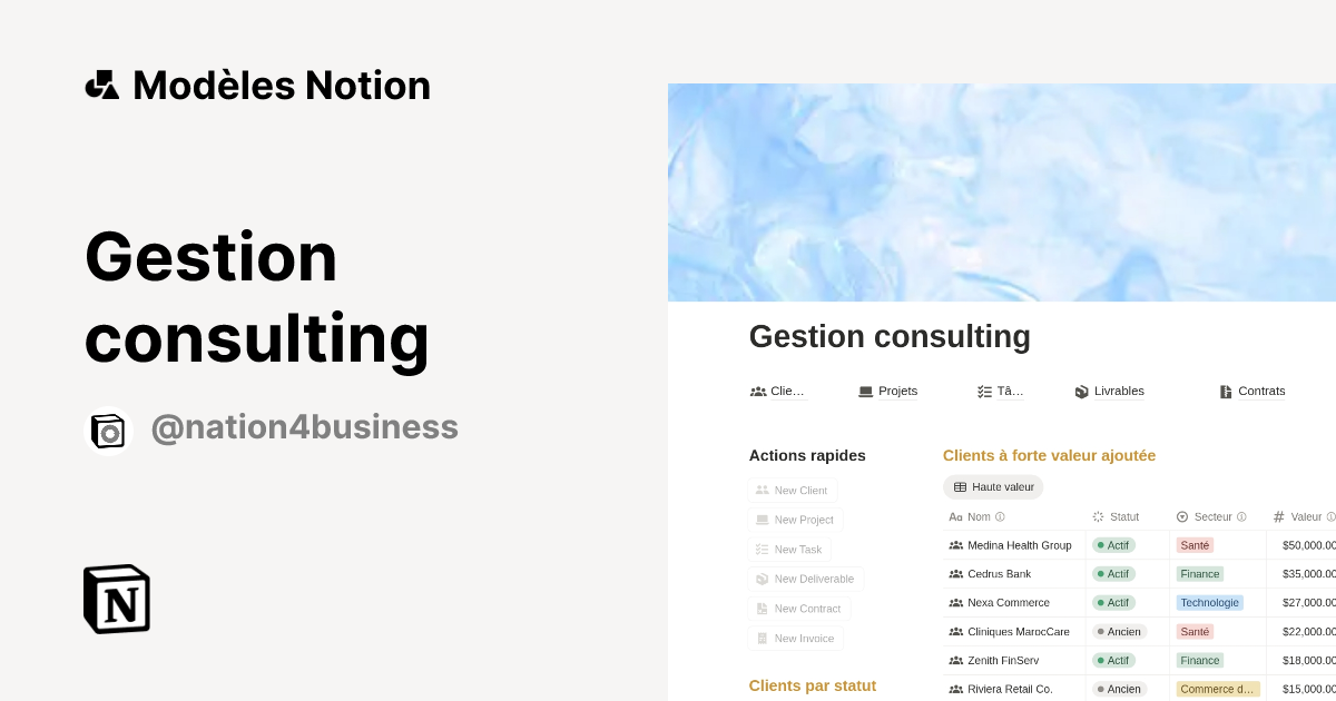 Consulting Manager | Modèle créé par Nation4Business | Marketplace Notion