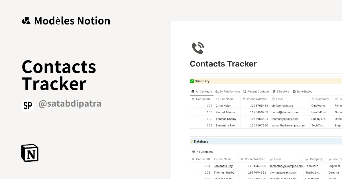 Contacts Tracker | Modèle créé par Satabdi Patra | Marketplace Notion