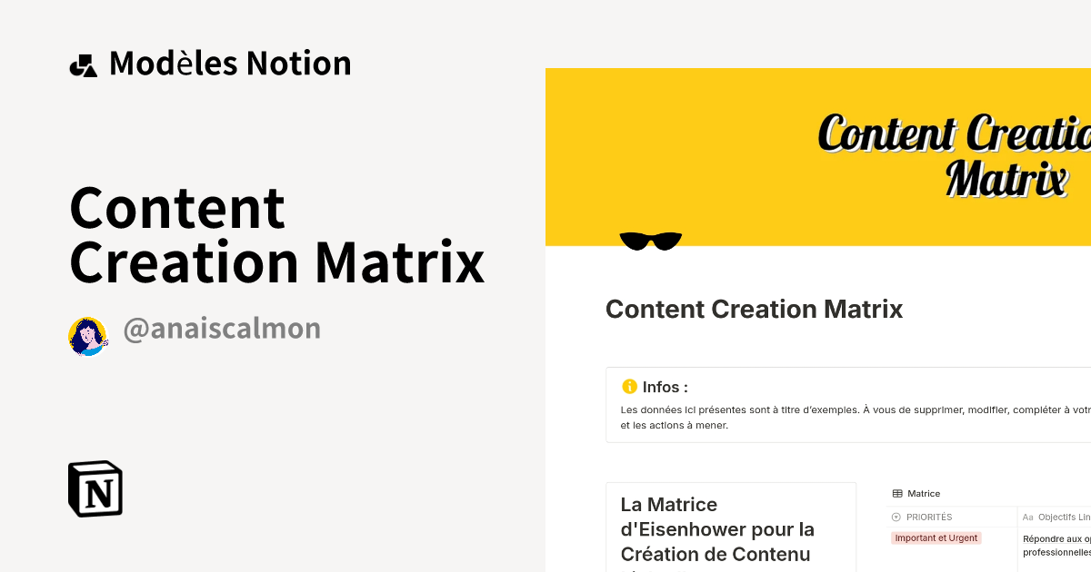 Modèle Content Creation Matrix | Marketplace Notion