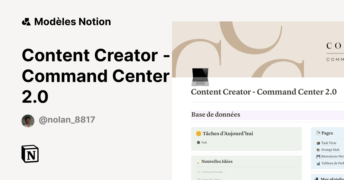 Modèle Content Creator - Command Center 2.0 | Marketplace Notion