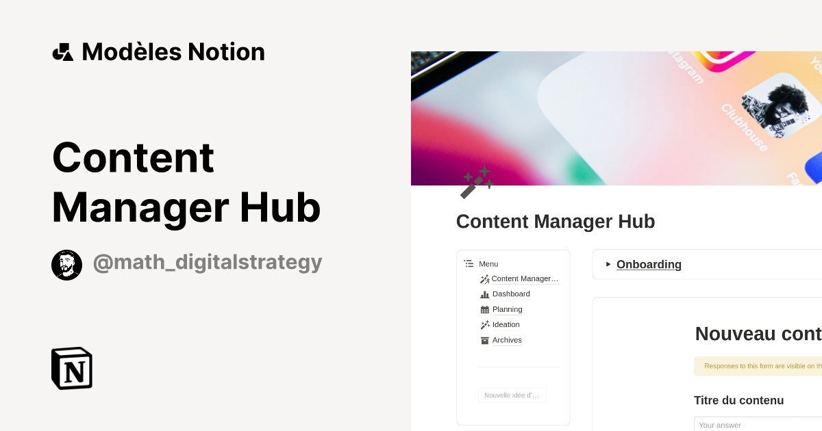 Content Manager Hub | Modèle créé par Math | Marketplace Notion