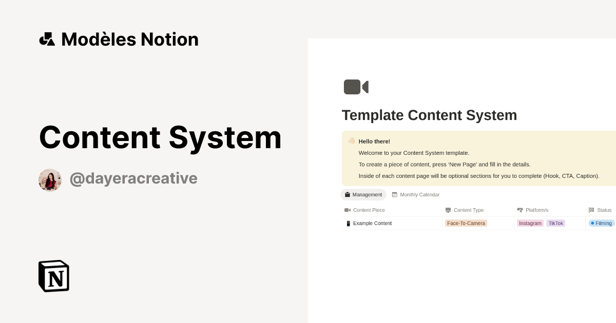 Content System | Modèle créé par Dayera Creative | Marketplace Notion