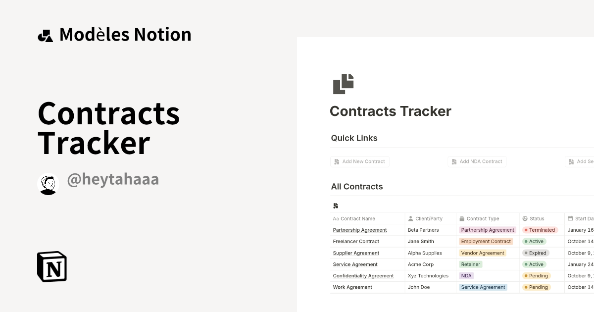 Contracts Tracker | Modèle créé par Heytahaaa | Marketplace Notion
