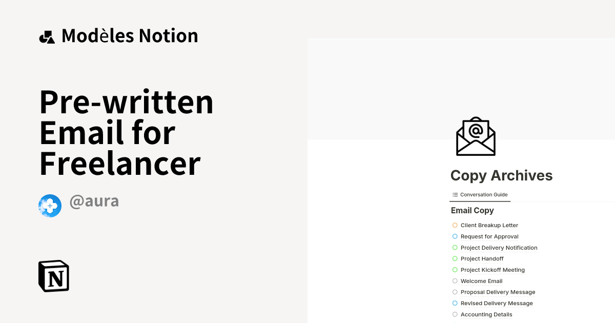 Pre-written Email for Freelancer | Modèle créé par Aura | Marketplace Notion