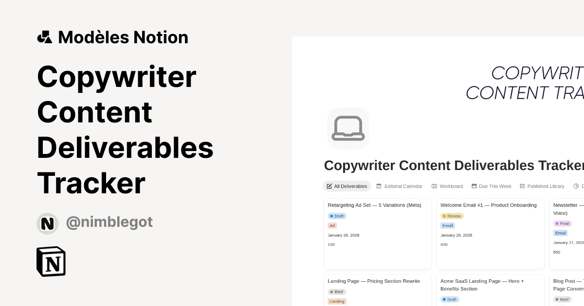 Copywriter Content Deliverables Tracker | Modèle créé par NimbleGot ...