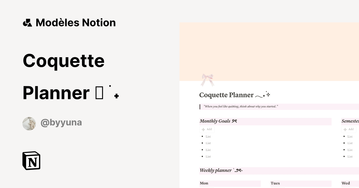 Modèle Coquette Planner ⊹ ࣪ ˖ | Marketplace Notion