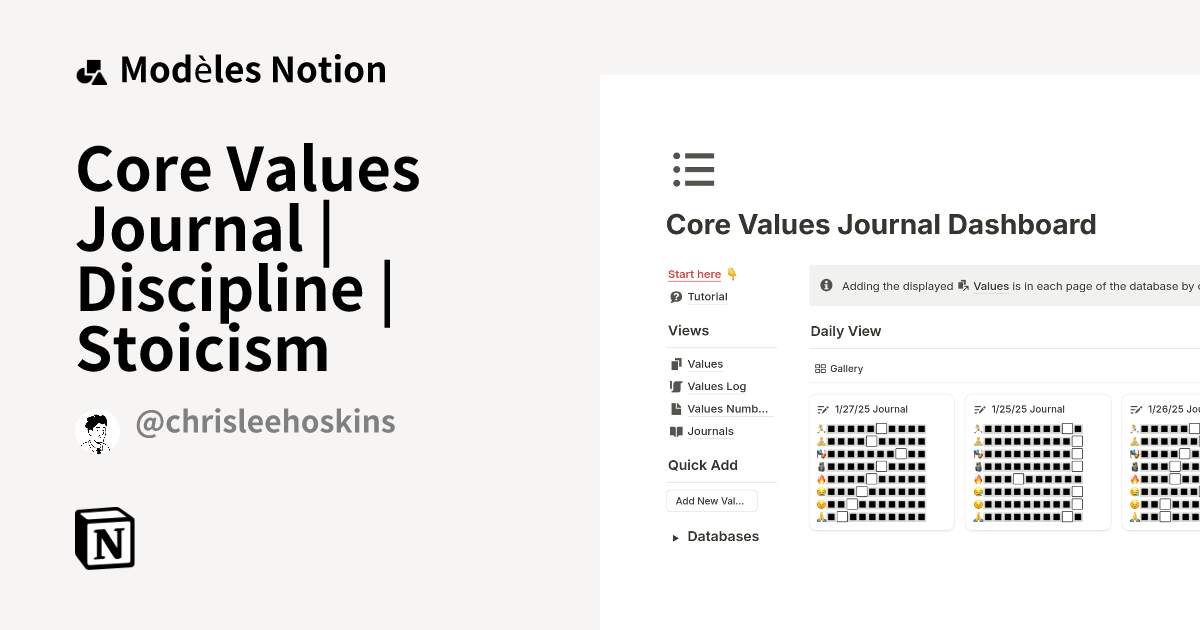 Modèle Core Values Journal | Discipline | Stoicism | Marketplace Notion