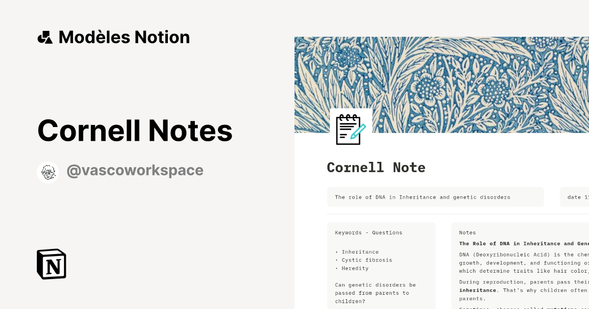 Cornell Notes | Modèle créé par vasco | Marketplace Notion