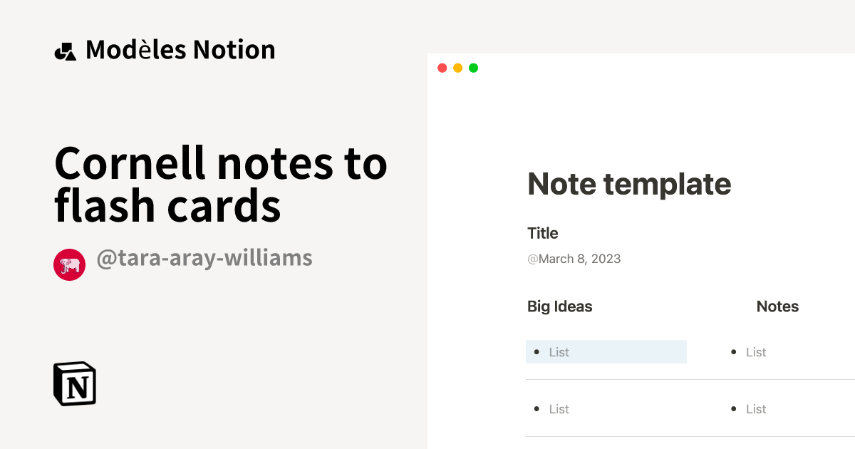 Modèle Cornell notes to flash cards | Marketplace Notion