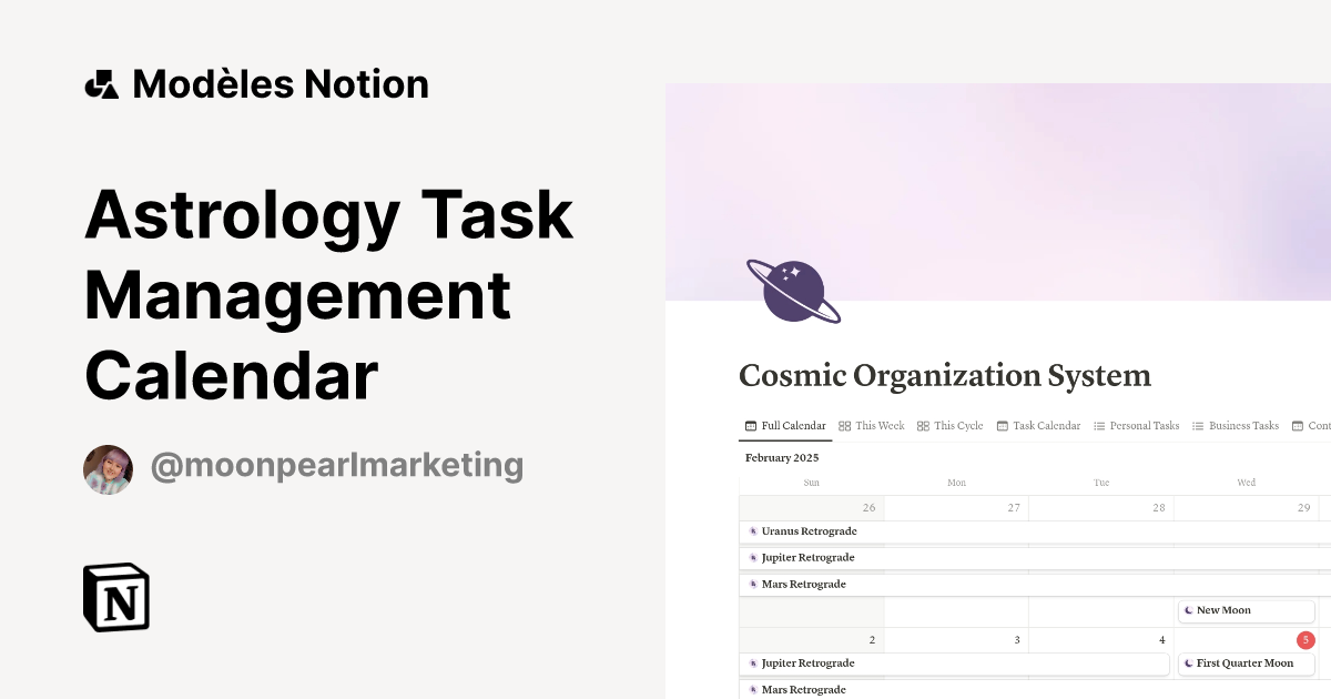 Modèle Astrology Task Management Calendar | Marketplace Notion