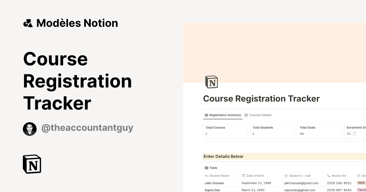 Modèle Course Registration Tracker | Marketplace Notion