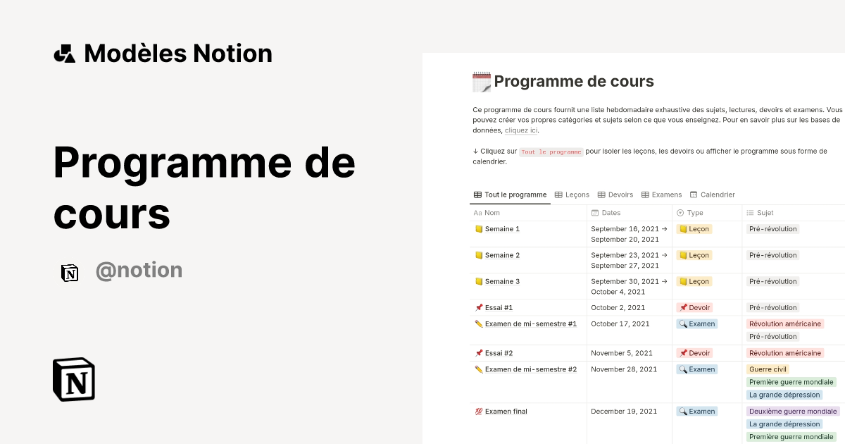 Programme de cours | Modèle créé par Notion | Marketplace Notion