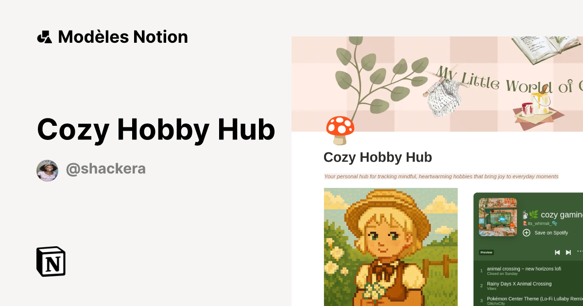 Cozy Hobby Hub | Modèle créé par Shackera Anderson | Marketplace Notion