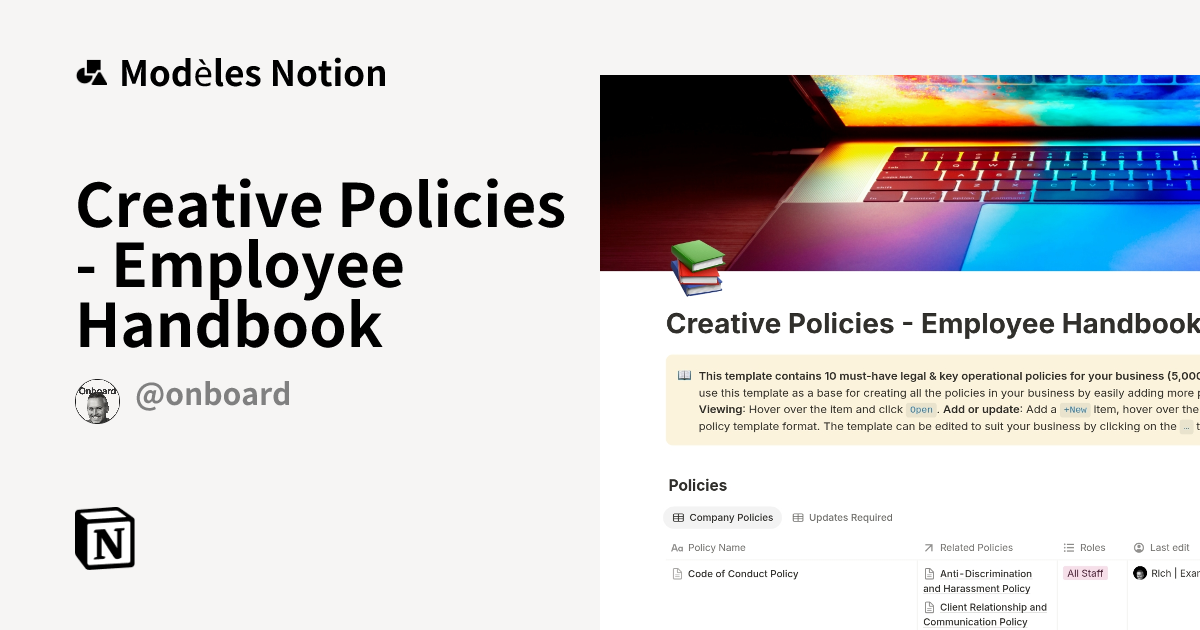Modèle Creative Policies - Employee Handbook | Marketplace Notion