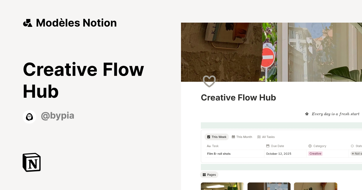 Creative Flow Hub | Modèle créé par Pia | Marketplace Notion