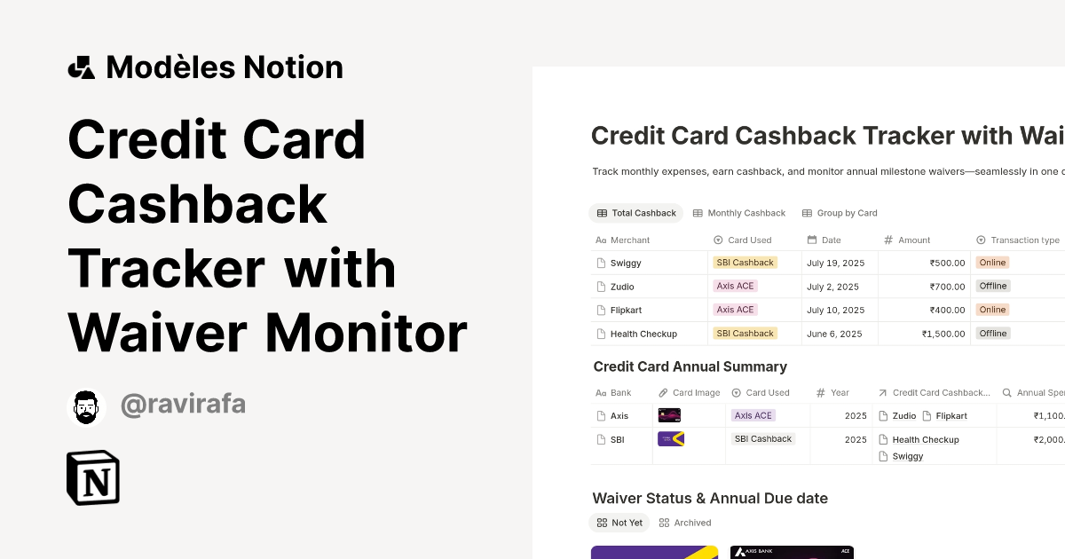 Modèle Credit Card Cashback Tracker with Waiver Monitor | Marketplace Notion