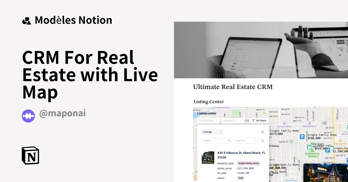 Modèle CRM For Real Estate with Live Map | Marketplace Notion