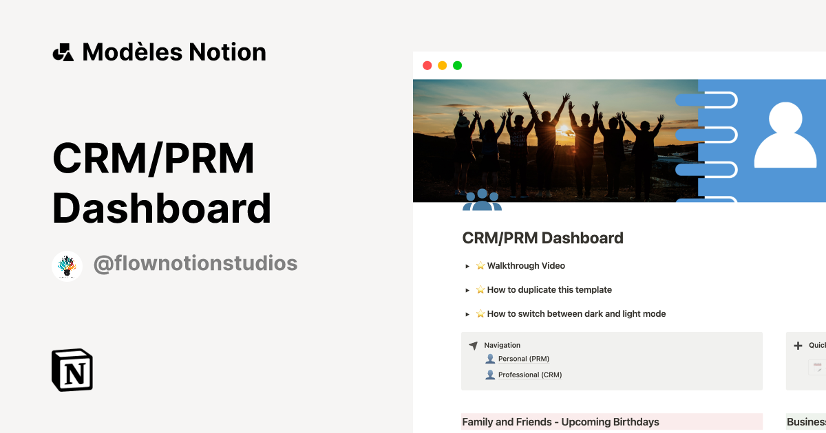 CRM/PRM Dashboard | Modèle créé par FlowNotion Studios | Marketplace Notion