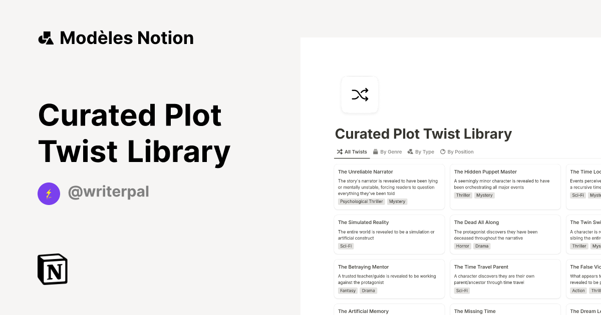 Curated Plot Twist Library | Modèle créé par writerpal | Marketplace Notion