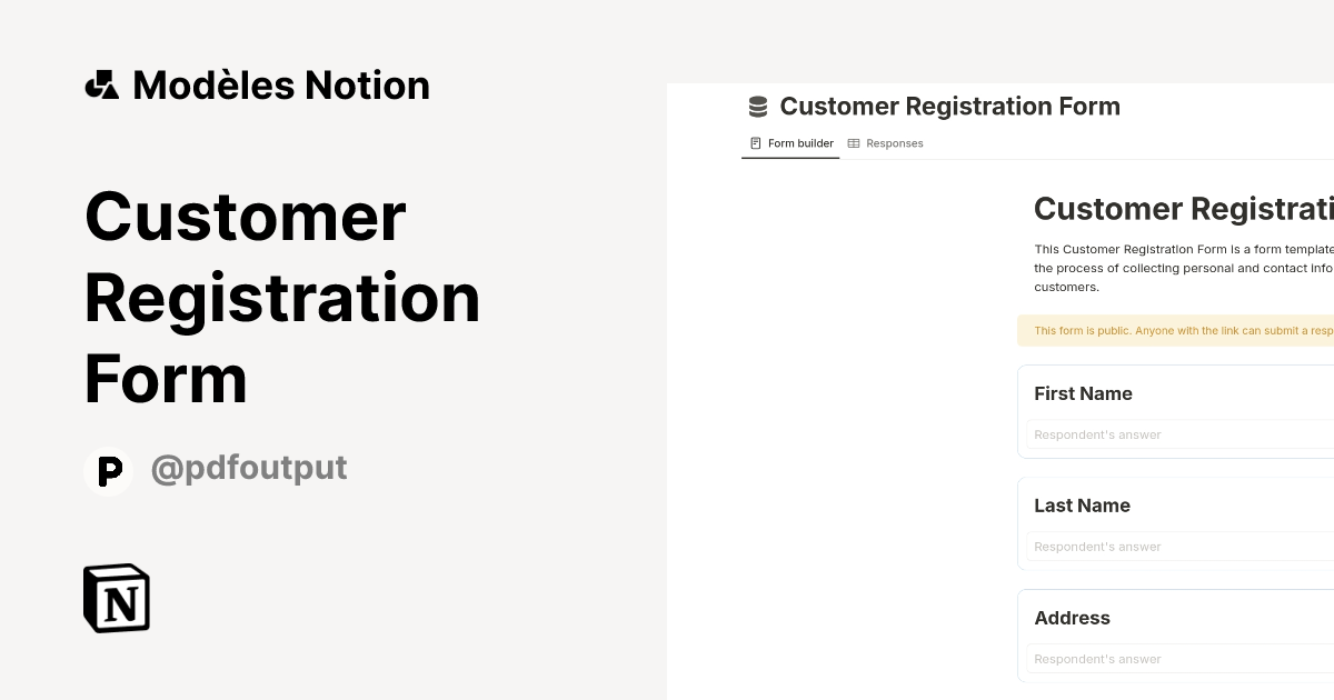 Customer Registration Form | Modèle créé par PDFOutput | Marketplace Notion