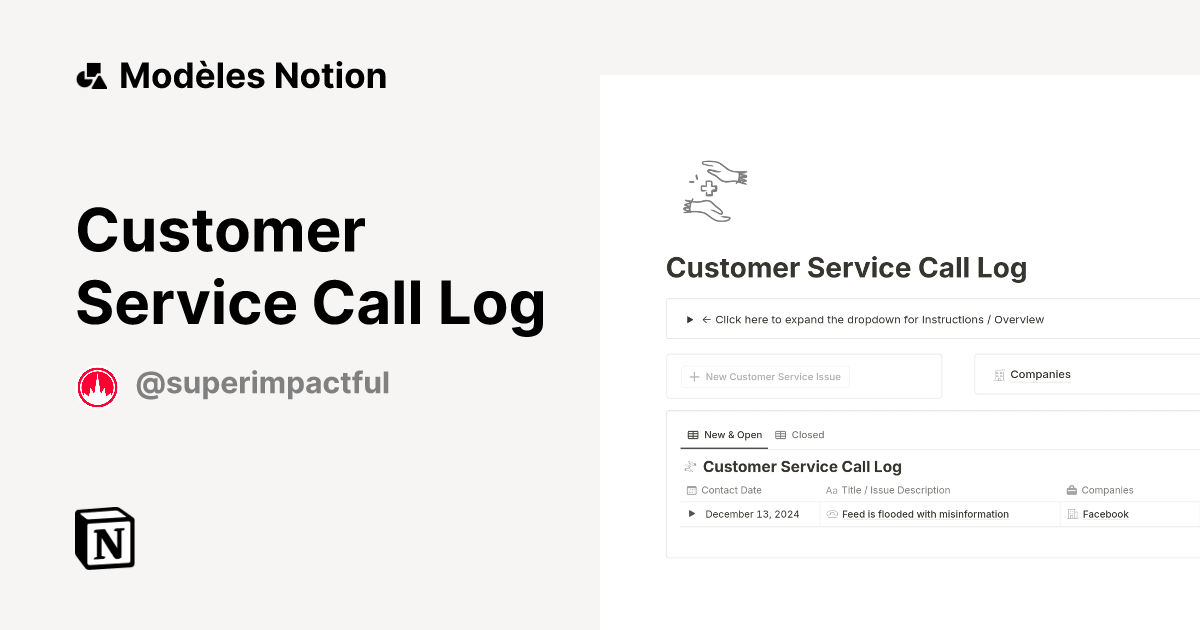 Customer Service Call Log | Modèle créé par Super Impactful Resources | Marketplace Notion