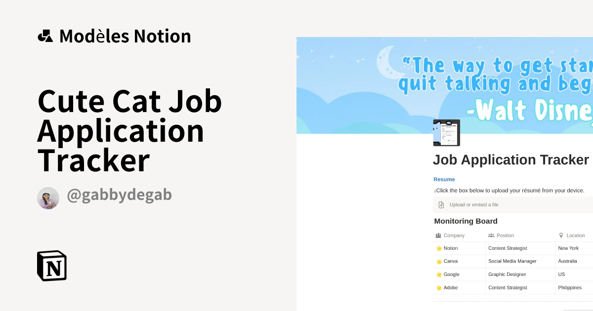 Modèle Cute Cat Job Application Tracker | Marketplace Notion