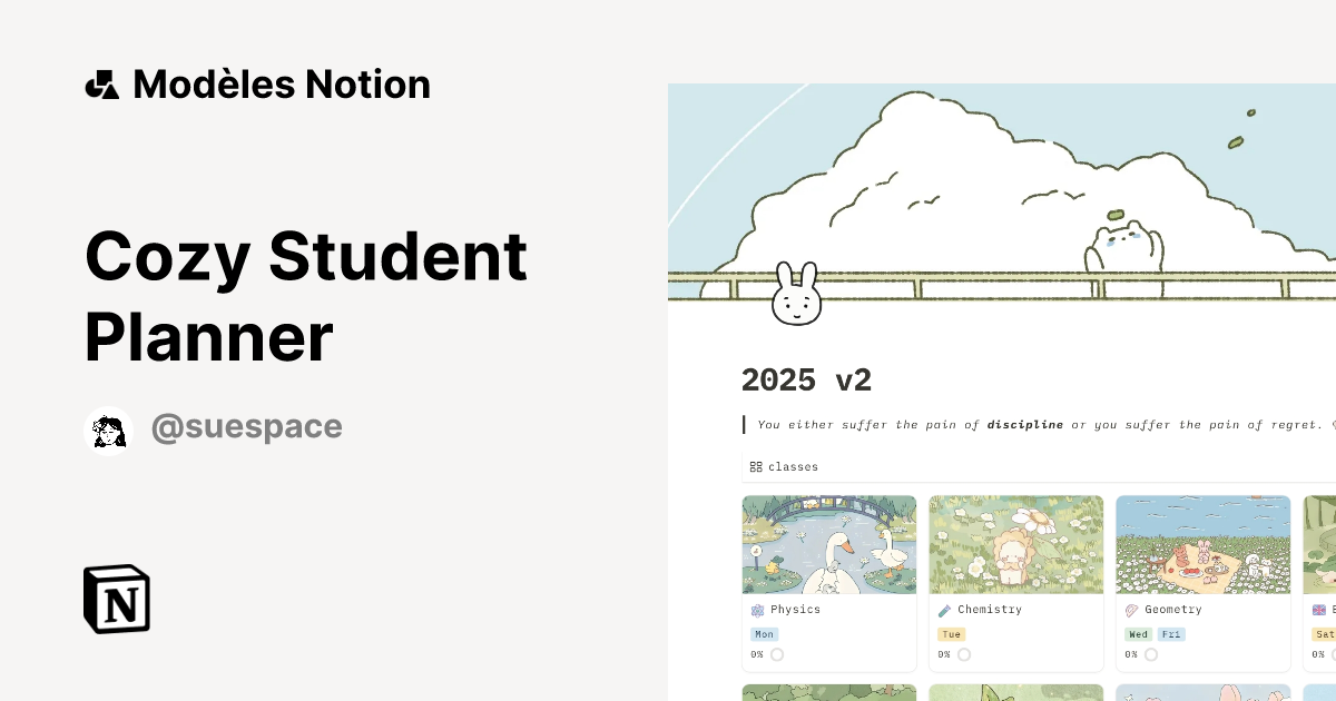 Modèle Cozy Student Planner | Marketplace Notion