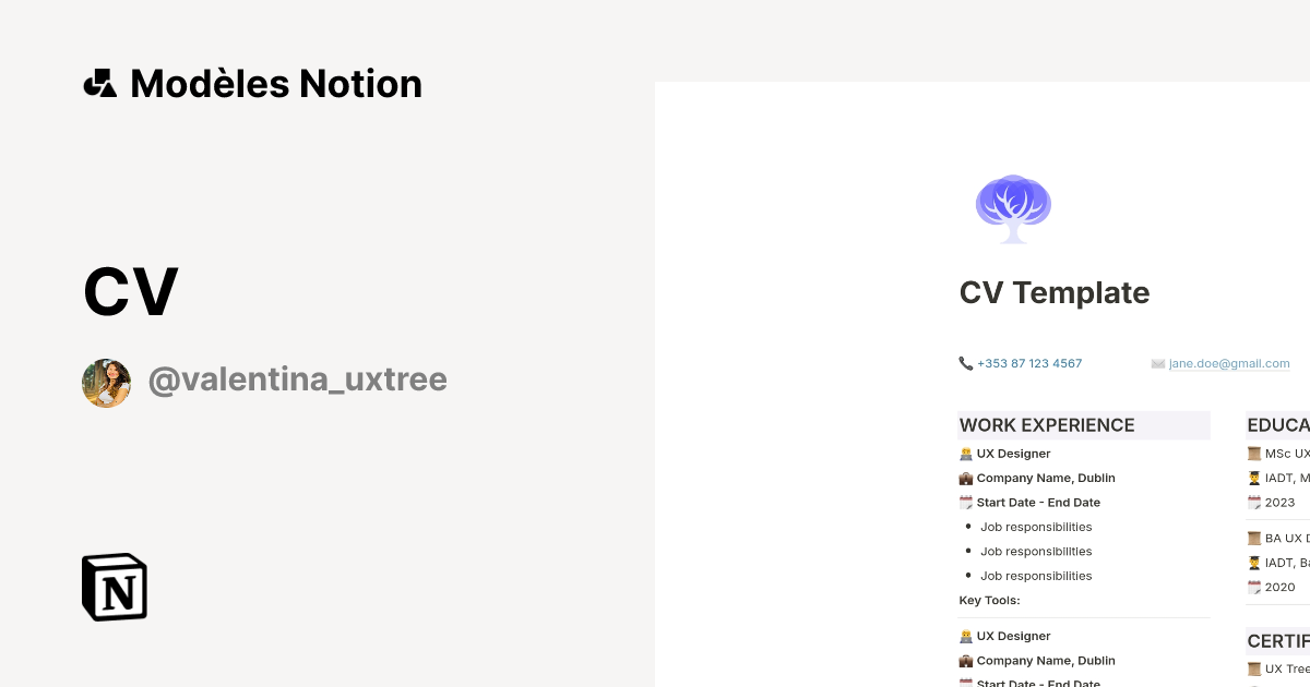 CV | Modèle créé par Valentina from UX Tree | Marketplace Notion