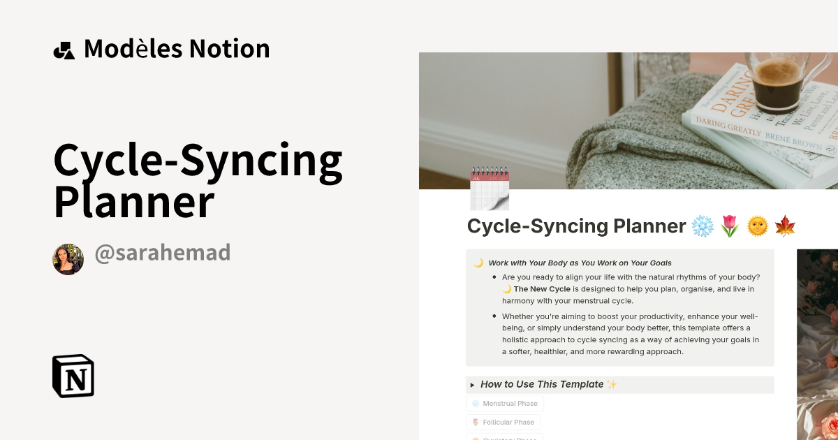 Cycle-Syncing Planner | Modèle créé par Sarah Emad | Marketplace Notion