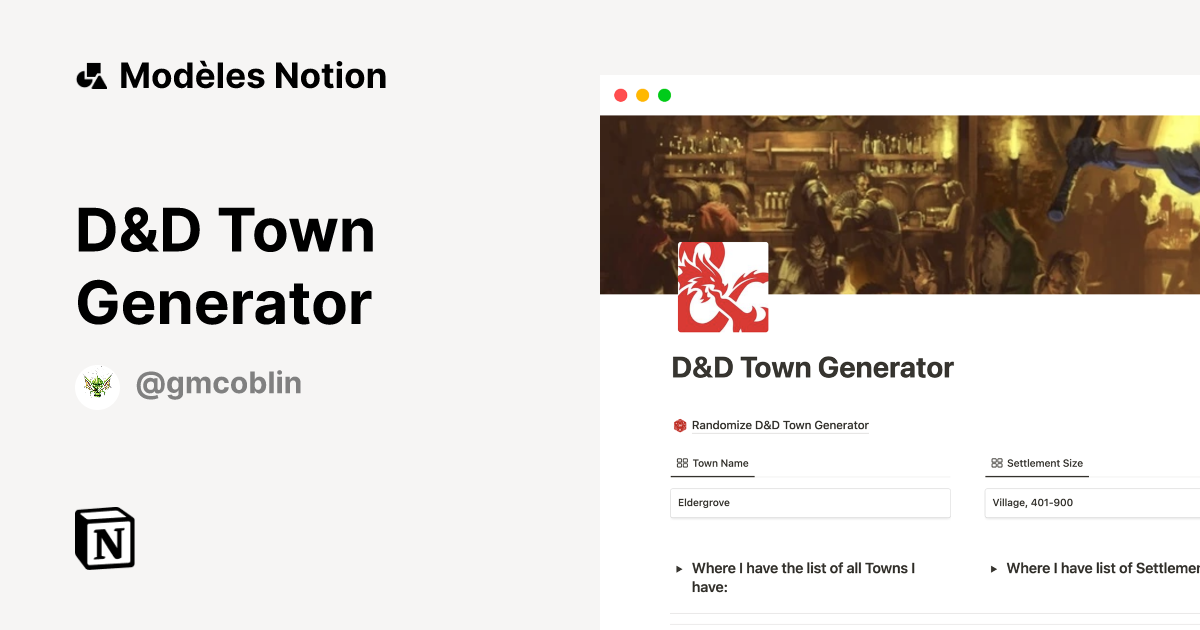 D&D Town Generator | Modèle créé par GM Coblin | Marketplace Notion
