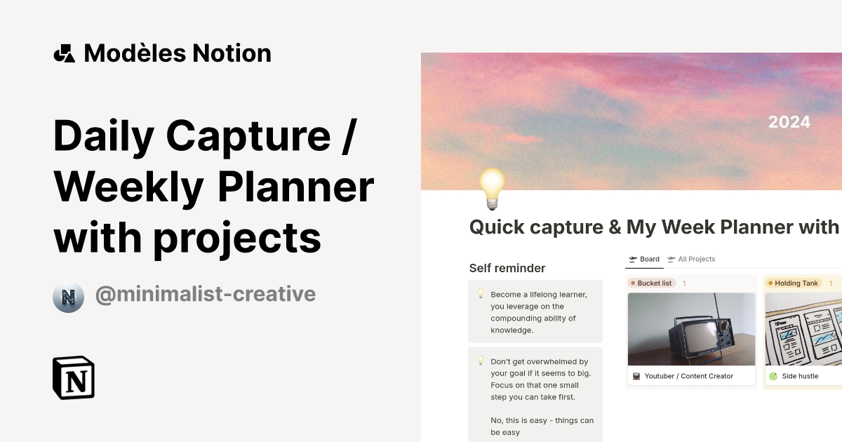 Daily Capture / Weekly Planner with projects | Modèle créé par Minimalist Lifestyle ...