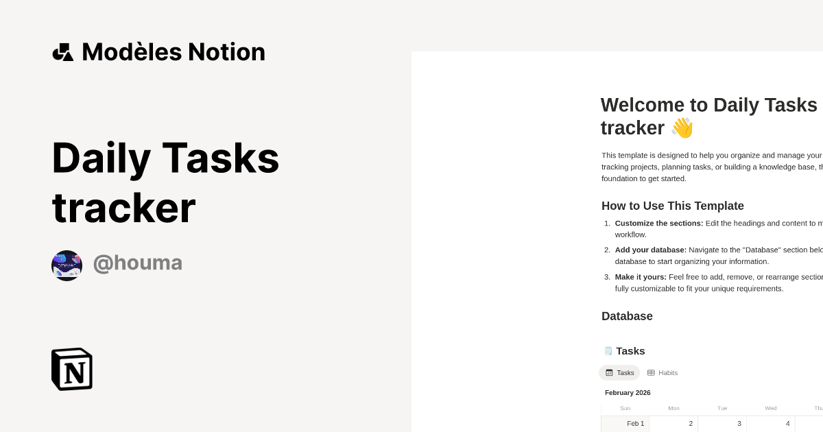 Daily Tasks tracker | Modèle créé par HoumaN0tion | Marketplace Notion