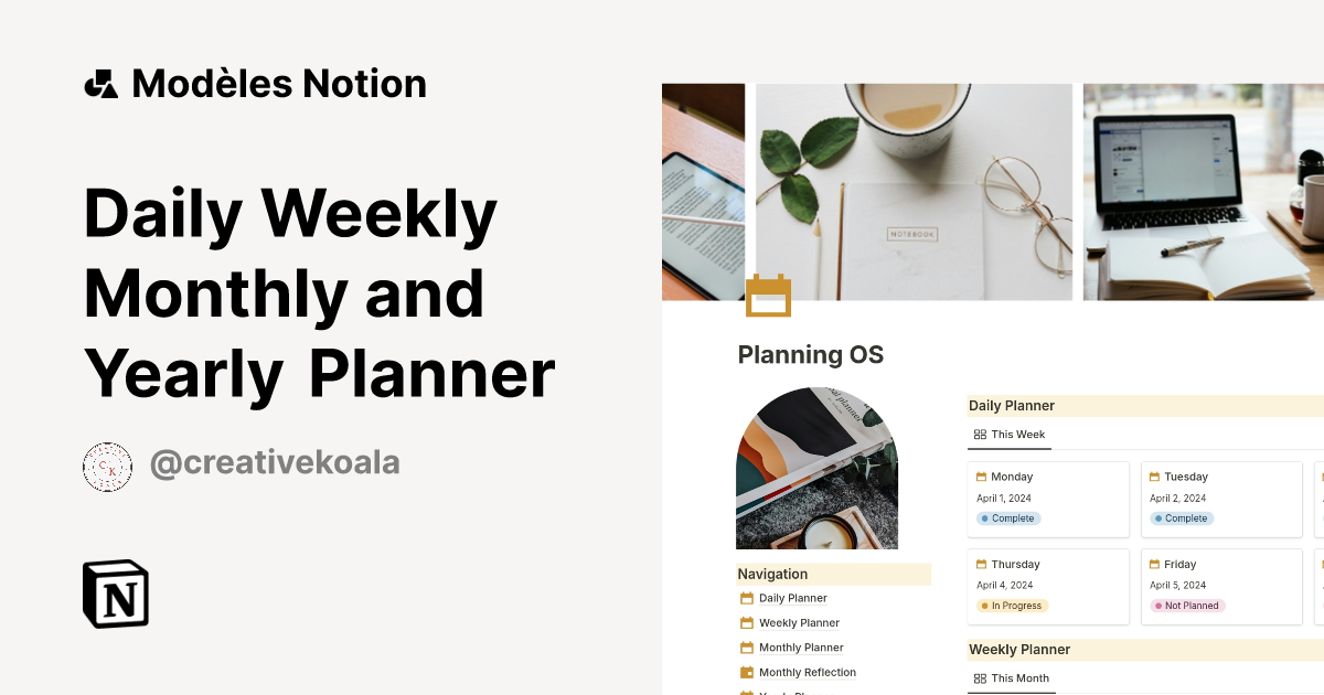 Modèle Daily Weekly Monthly and Yearly Planner | Marketplace Notion