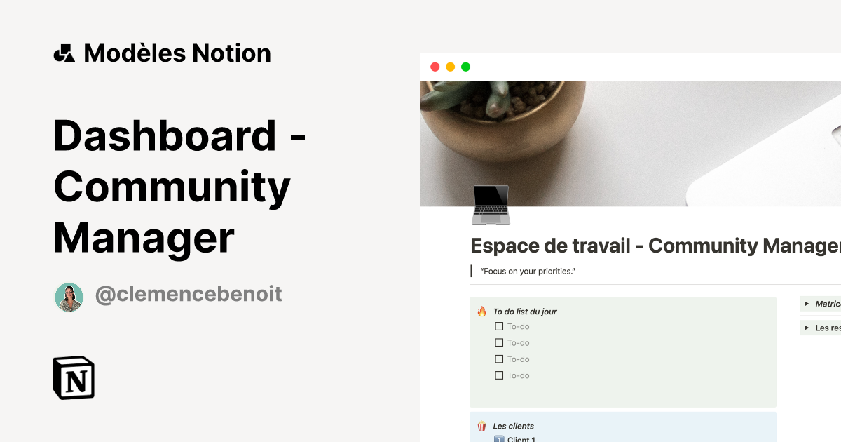 Dashboard - Community Manager | Modèle créé par Clem | Marketplace Notion