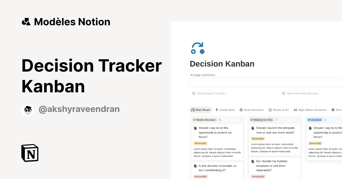 Modèle Decision Tracker Kanban | Marketplace Notion