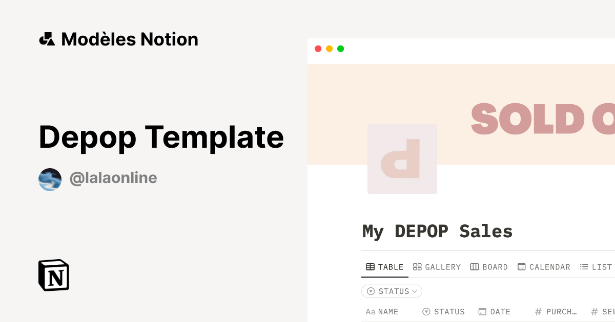 Modèle Depop Template | Marketplace Notion