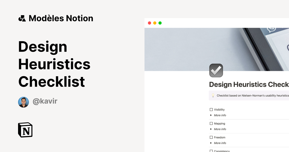 Modèle Design Heuristics Checklist | Marketplace Notion