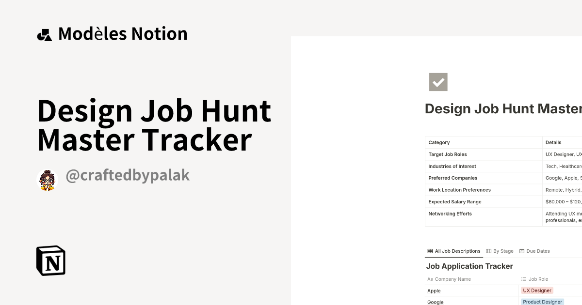 Design Job Hunt Master Tracker | Modèle créé par craftedbypalak ...