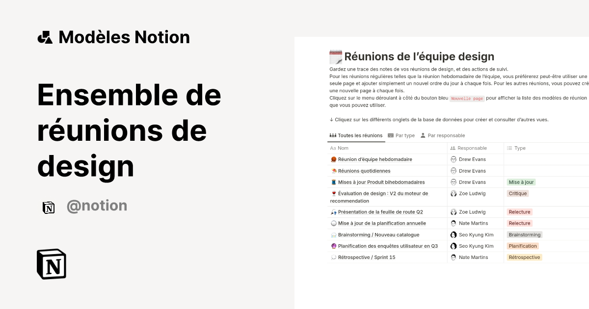 Modèle Ensemble de réunions de design 2025 | Marketplace Notion