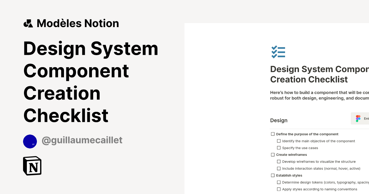 Modèle Design System Component Creation Checklist | Marketplace Notion