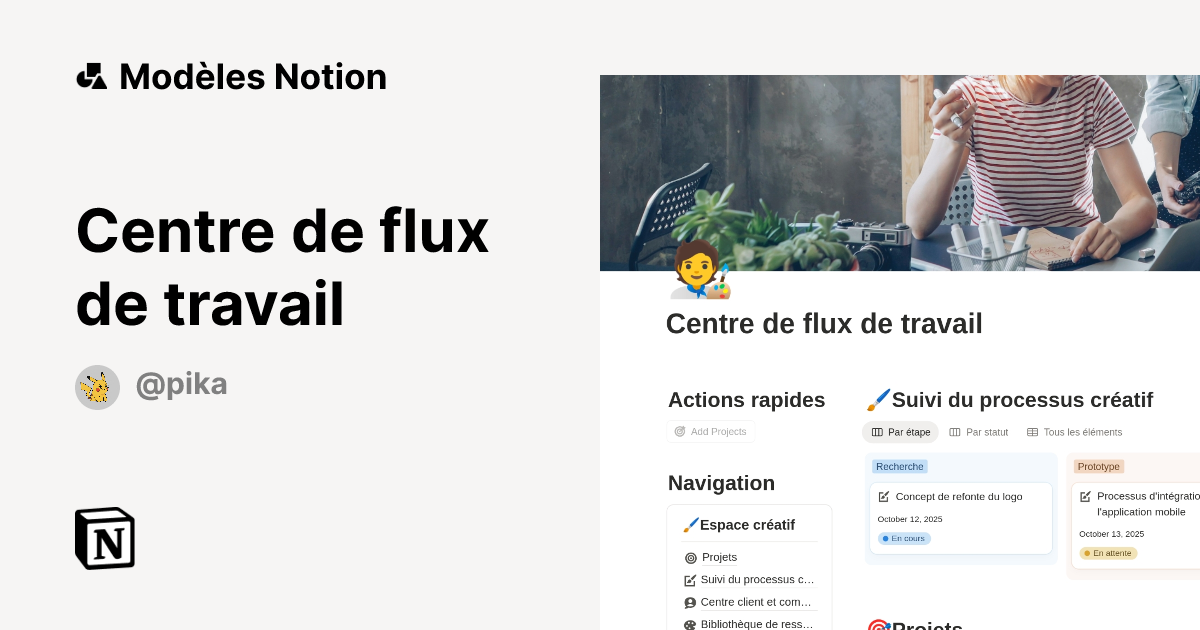 Design Workflow Hub | Modèle créé par Pika | Marketplace Notion