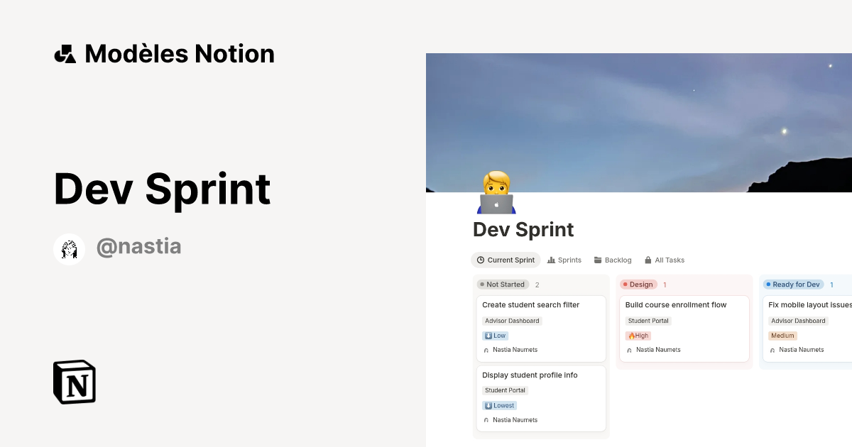 Dev Sprint | Modèle créé par Nastia | Marketplace Notion