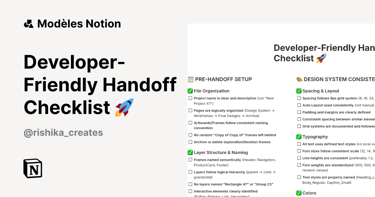 Modèle Developer-Friendly Handoff Checklist 🚀 | Marketplace Notion