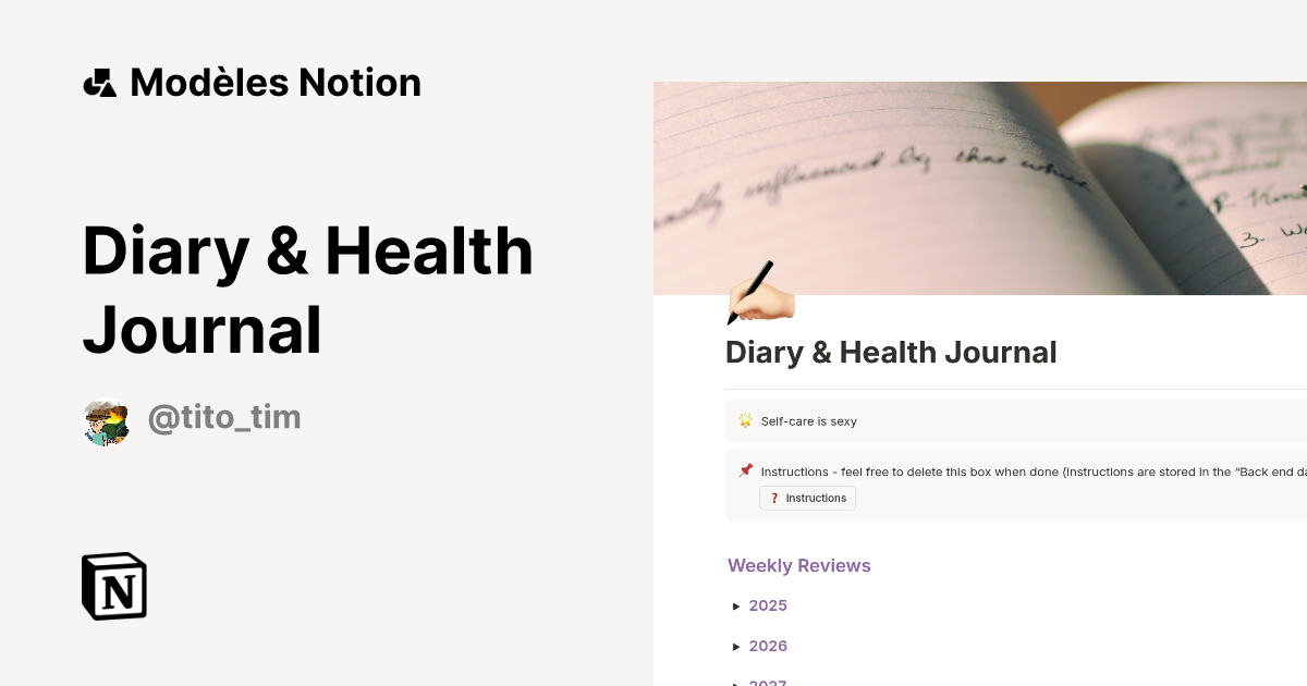 Diary & Health Journal | Modèle créé par Tito Tim | Marketplace Notion