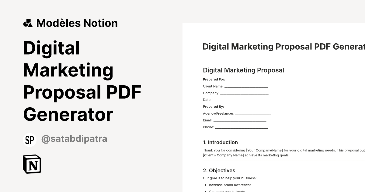 Modèle Digital Marketing Proposal PDF Generator | Marketplace Notion