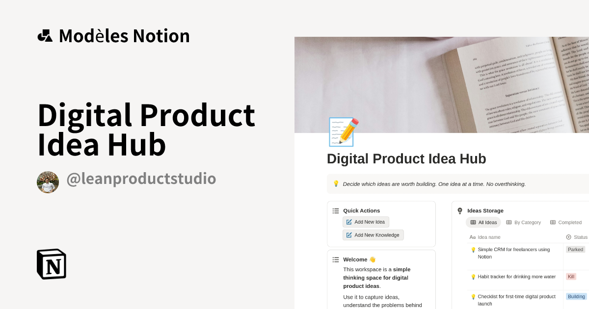 Digital Product Idea Hub | Modèle créé par Lean Product Studio ...