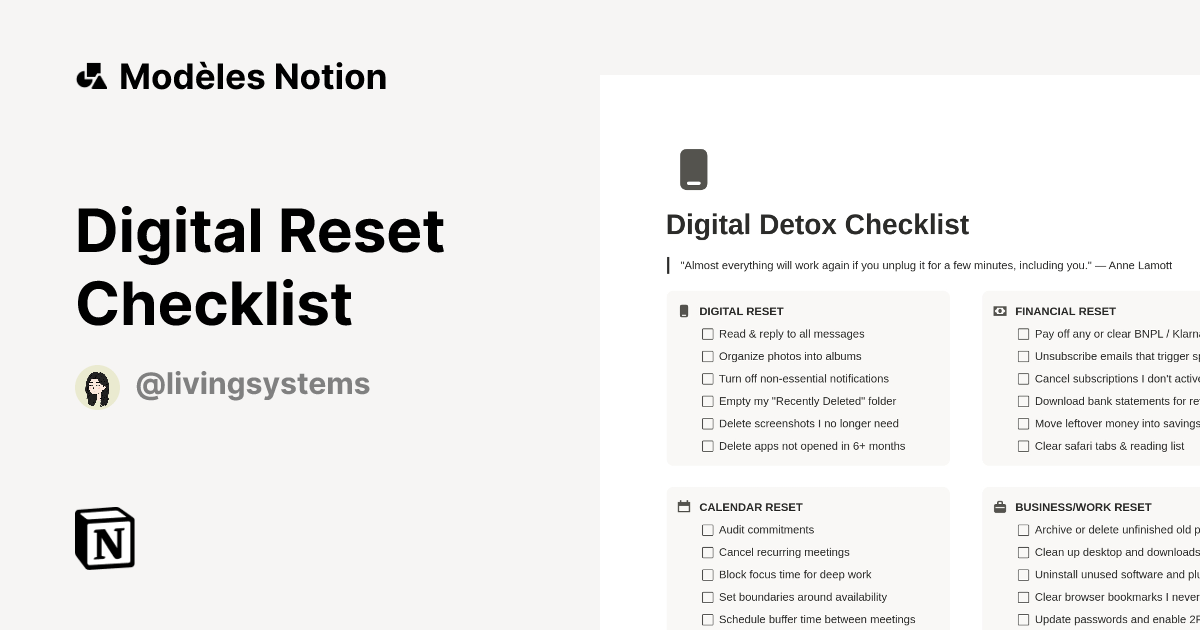 Modèle Digital Reset Checklist | Marketplace Notion