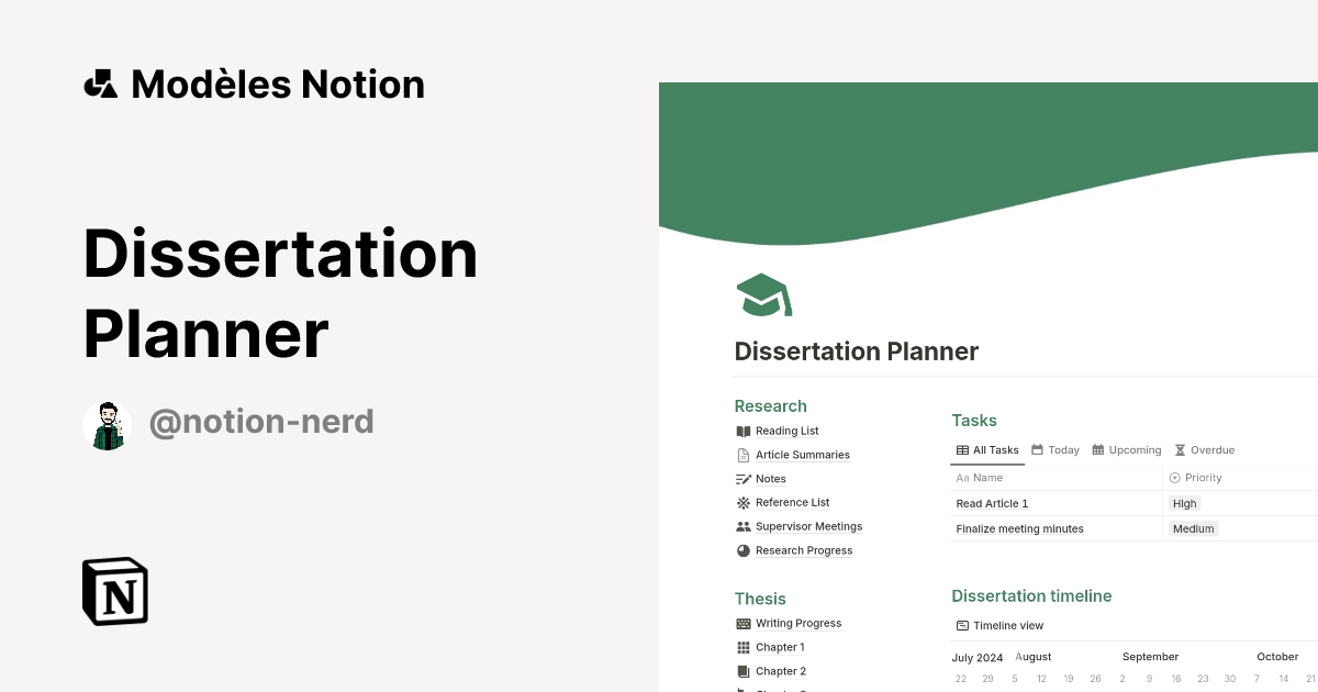 Dissertation Planner | Modèle créé par Notion nerd | Marketplace Notion