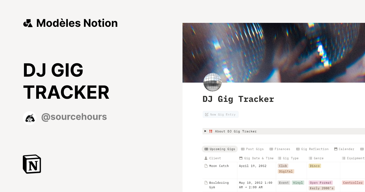 DJ GIG TRACKER | Modèle créé par Source Hours | Marketplace Notion